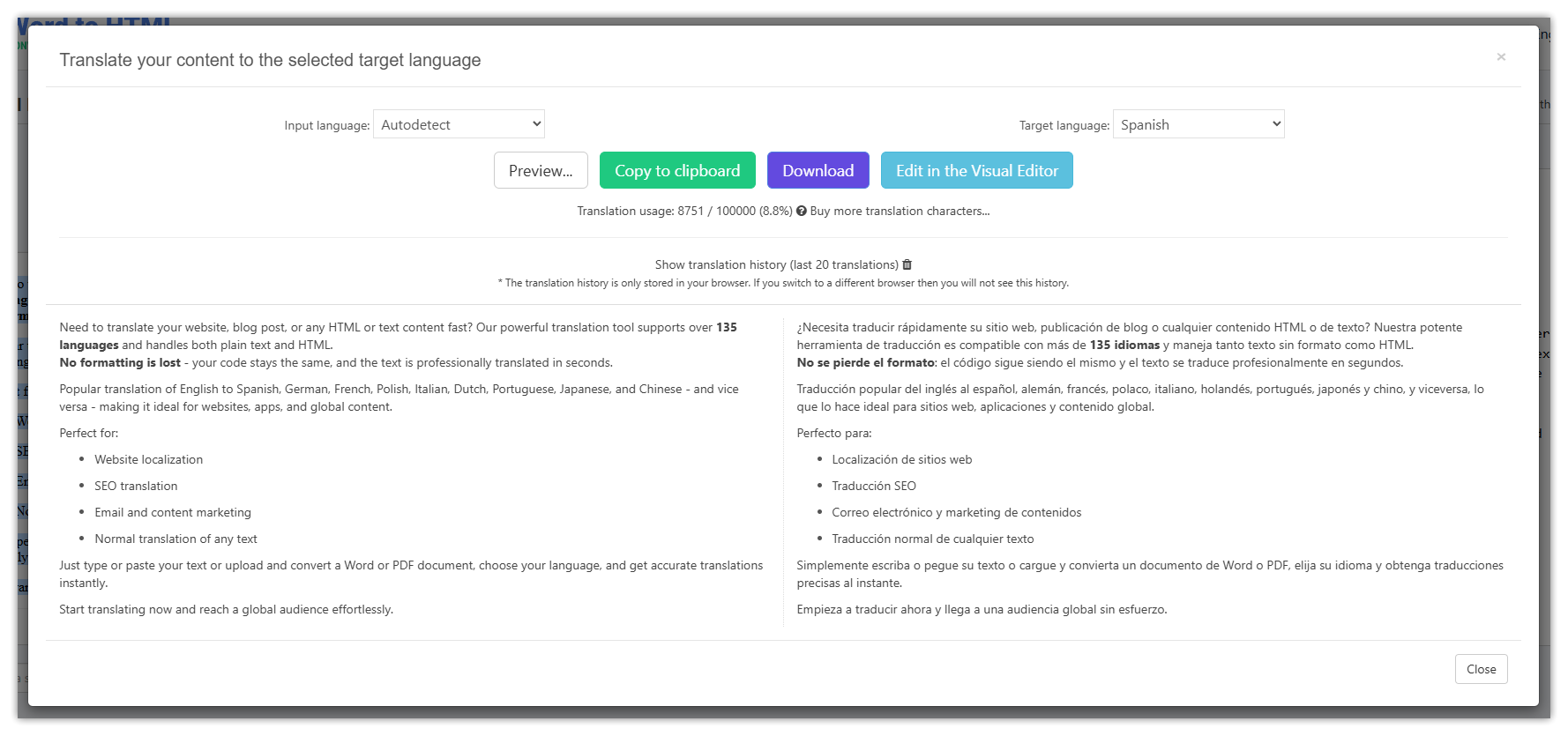 Fast HTML & Text Online Translator - 135+ Languages Supported